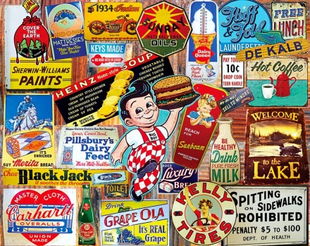 Solve Vintage sign collage jigsaw puzzle online with 120 pieces