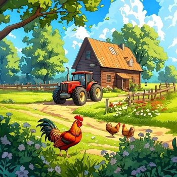 Solve In the Country old barn red tractor, rooster and chickens ...