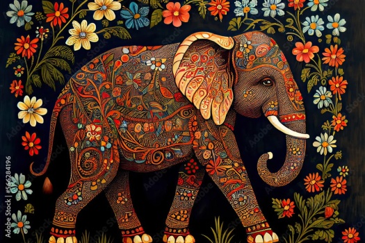 Solve folk art Indian elephant jigsaw puzzle online with 54 pieces