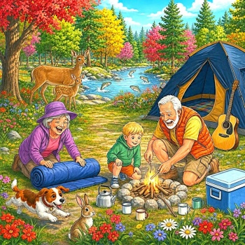 Solve Tom, Iris, Little Adam and Daisy the Dog - Gone Camping - resize ...
