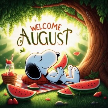 Solve Snoopy Welcome August Watermelon jigsaw puzzle online with 64 pieces