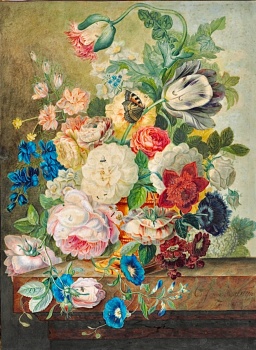 Solve Roses, tulips, morning glory, and other flowers in an urn on a ...