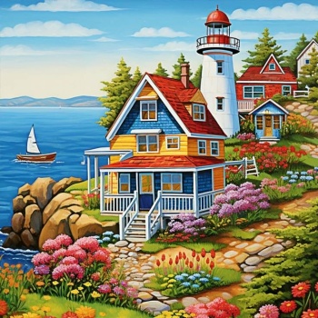 Solve The Village Lighthouse jigsaw puzzle online with 64 pieces