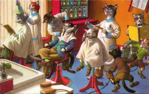 Solve Cats' Barber Shop, ca 1940, Mainzer Cat postcard by Eugen Hartung ...