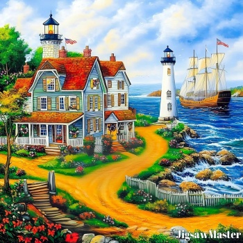 Jigsaw Puzzle | 121 pieces | Sail Ship and Lighthouse | Jigidi