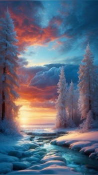 Solve Winter Stream at Sunset jigsaw puzzle online with 60 pieces