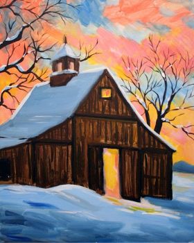 Solve Barn and Snowy Sunrise jigsaw puzzle online with 80 pieces