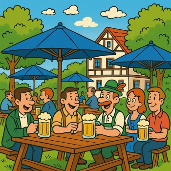 Solve German Bier Garden cartoon scene jigsaw puzzle online with 81 pieces