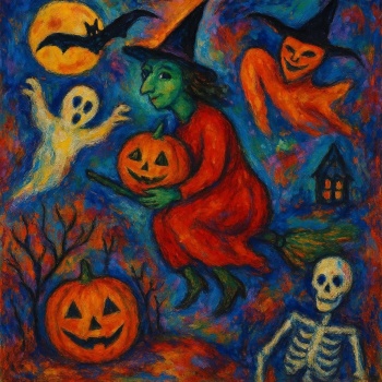 Solve Chagall-inspired Halloween (resizable 9 to 600 pieces) jigsaw ...